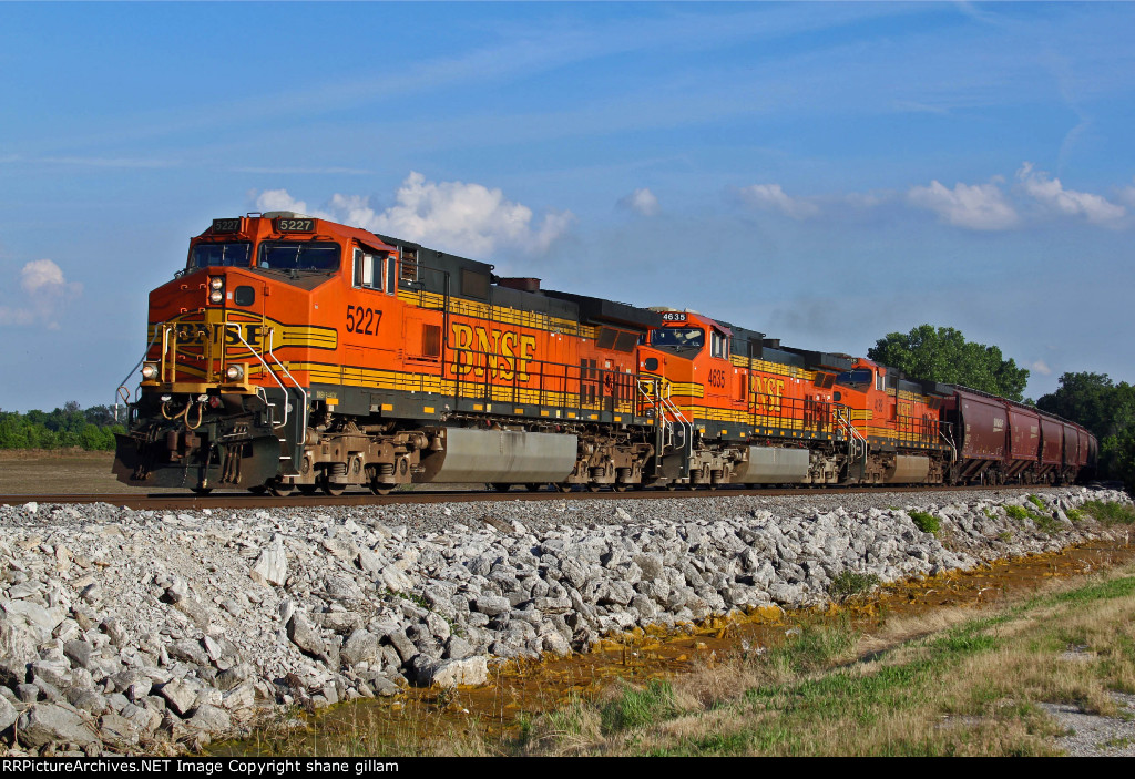 BNSF 5227 Heads Up the k line with a grain in tow!!